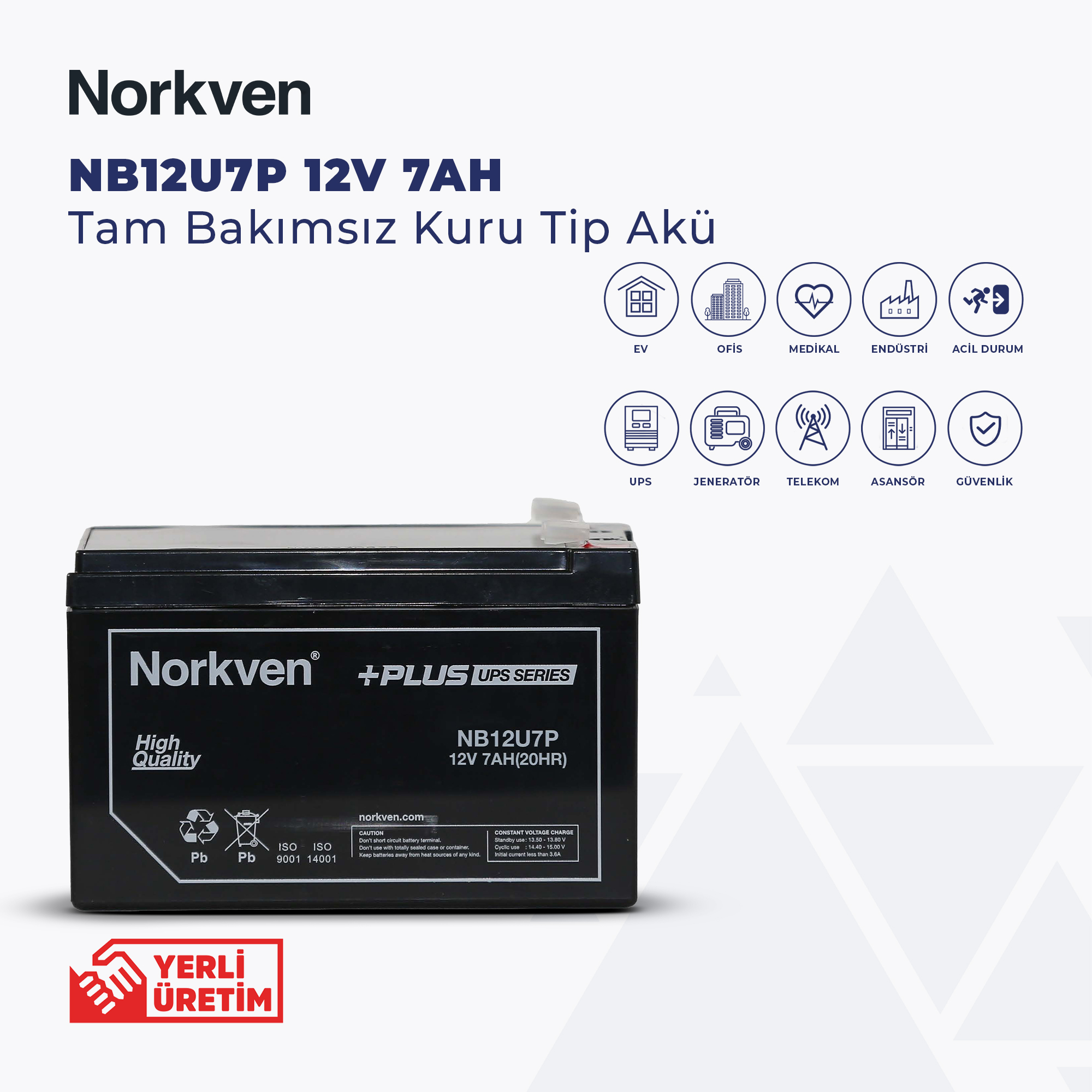 12V 7Ah Akü - NB12U7P 12V 7AH Tam Bakımsız Kuru Tip Akü